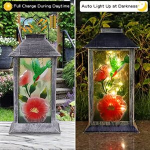 Solar Lanterns Outdoor Hanging Light - Solar Powered Glass Lantern Outdoor Waterproof Garden Light with Hummingbird and Flower Pattern Table Patio Yard Pathway Decor Christmas Gift