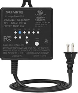 sunvie low voltage transformer 60w landscape lighting transformer with timer and photocell sensor 120v ac to 12v dc waterproof for outdoor led spotlights garden pathway landscape lights, etl listed