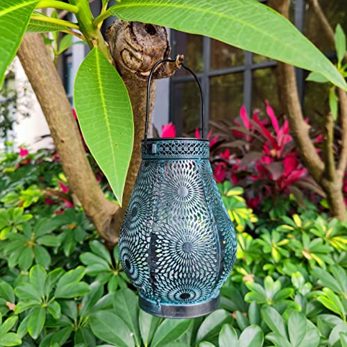 Solar Lantern Outdoor with Shepherd Hooks - Waterproof Metal Garden Solar Lights Hanging Lanterns Decorative - Solar Powered LED Lanterns with Handle for Patio Yard Pathway Walkway [Cyan-Blue]