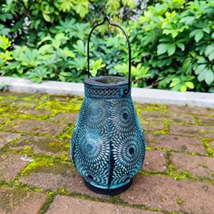 Solar Lantern Outdoor with Shepherd Hooks - Waterproof Metal Garden Solar Lights Hanging Lanterns Decorative - Solar Powered LED Lanterns with Handle for Patio Yard Pathway Walkway [Cyan-Blue]