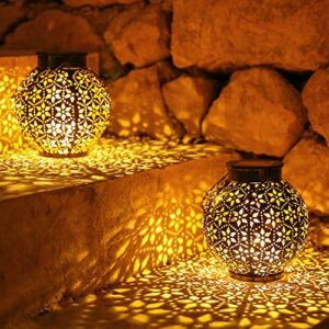 solar lantern outdoor garden decor- 2 pack oxyled lanterns waterproof decorative retro metal solar powered lights with hanging handle for table patio yard backyard pathway walkway christmas