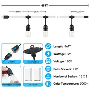 Lakumu 2-Pack 96FT Outdoor String Lights with Waterproof Shatterproof Dimmable 5000K Daylight White E12 Filament S14 LED Bulbs for Backyard Hanging Lights Linkable Patio Lights for Deck Bistro Pergola