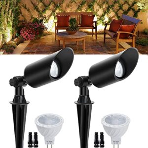 landscape lighting 12v 6w low voltage landscape lights waterproof for yard lawn patio garden with 3000k warm white mr16 led bulb, cast-aluminum led landscape spotlights with abs ground stake (2 pack)