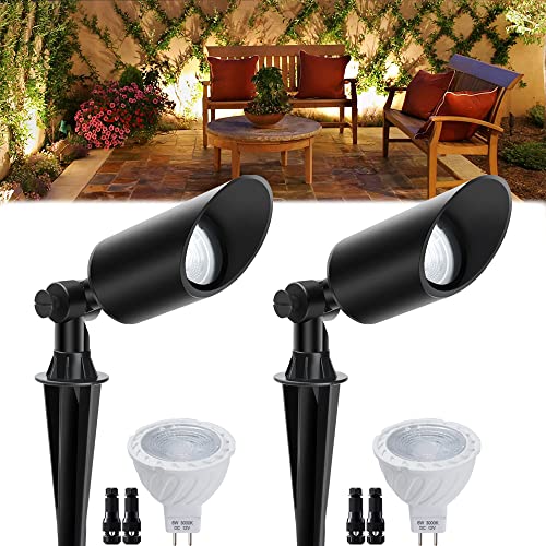 Landscape Lighting 12V 6W Low Voltage Landscape Lights Waterproof for Yard Lawn Patio Garden with 3000K Warm White MR16 LED Bulb, Cast-Aluminum LED Landscape Spotlights with ABS Ground Stake (2 Pack)