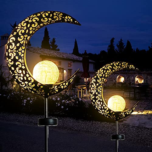 Solar Garden Lights Outdoor Decor – Moon Garden Decor for Outside, Cracked Glass Globe, Retro Stake Metal Lights, Zen Garden Art for Pathway/Lawn/Yard/Patio Decorations (1 in Box) (2 in Box)