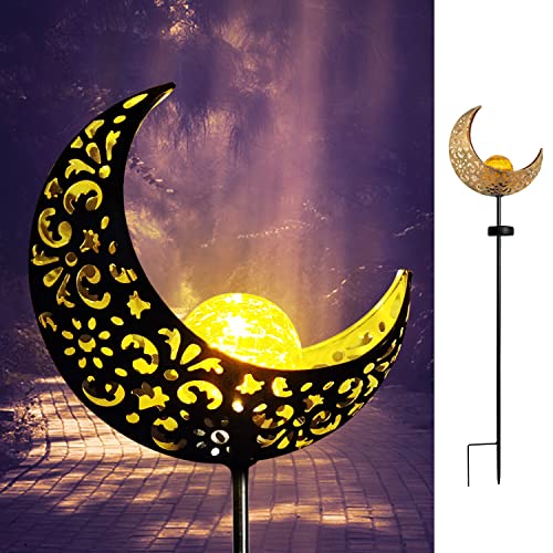 Solar Garden Lights Outdoor Decor – Moon Garden Decor for Outside, Cracked Glass Globe, Retro Stake Metal Lights, Zen Garden Art for Pathway/Lawn/Yard/Patio Decorations (1 in Box) (2 in Box)