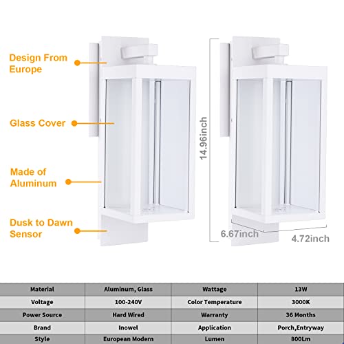 Inowel Outdoor Wall Sconce Lantern Dusk to Dawn Sensor White LED Exterior Light IP54 Waterproof Classic Wall Light Aluminum Wall Mount Lamp Lighting for Porch Front Door Garden 13W 800Lm 3000K