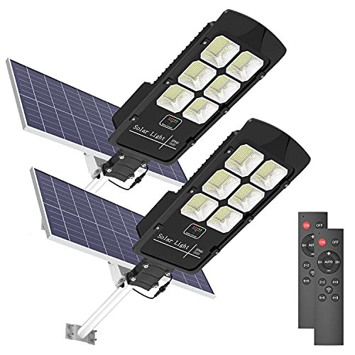 TENKOO 2 Pack 400W Solar Street Flood Light Outdoor Motion Sensor Dusk to Dawn Solar Fixture with Remote Control IP66 Waterproof Led Pole Lights for Parking Lot Stadium Garden Pathway