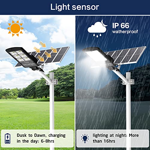 TENKOO 2 Pack 400W Solar Street Flood Light Outdoor Motion Sensor Dusk to Dawn Solar Fixture with Remote Control IP66 Waterproof Led Pole Lights for Parking Lot Stadium Garden Pathway