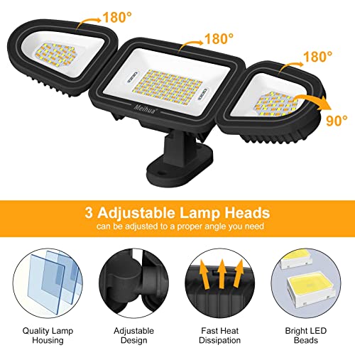 MEIHUA Solar Security Lights Outdoor, 2700K/4000K/6000K, 3 Adjustable Heads Solar Flood Lights, IP66 Waterproof Dusk to Dawn Solar Floodlight for Garden, Yard, Patio (Black)