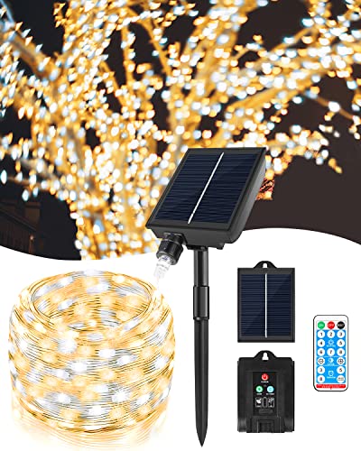 BUYISNIS Solar String Lights Outdoor, 66Ft 200 LED Solar/USB Powered Fairy Lights, 8 Modes with Remote Christmas Lights for Patio Garden Tree Party Yard Weeding Xmas Outside Decoration (Warm & White)