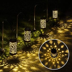 gigalumi 6 pack solar lights outdoor hanging lanterns, metal star moon lantern lights decorative with stakes, patio decor lanterns outdoor waterproof for garden, yard, tree, pathways (warm white)