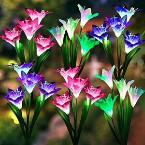 solar lights outdoor garden decor, letmy 6 pack upgraded solar garden lights with 24 lily flowers, waterproof color changing outdoor lights solar powered flower lights for patio yard garden decoration