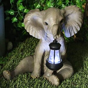 Ebros Safari Savanna Wildlife Animal Melee Adorable Pachy Elephant Statue Home Patio Decor Figurine with Solar LED Light Lantern Lamp 13.75"H Guest Greeter Elephants Path Lighter Sculpture