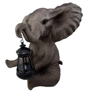 Ebros Safari Savanna Wildlife Animal Melee Adorable Pachy Elephant Statue Home Patio Decor Figurine with Solar LED Light Lantern Lamp 13.75"H Guest Greeter Elephants Path Lighter Sculpture