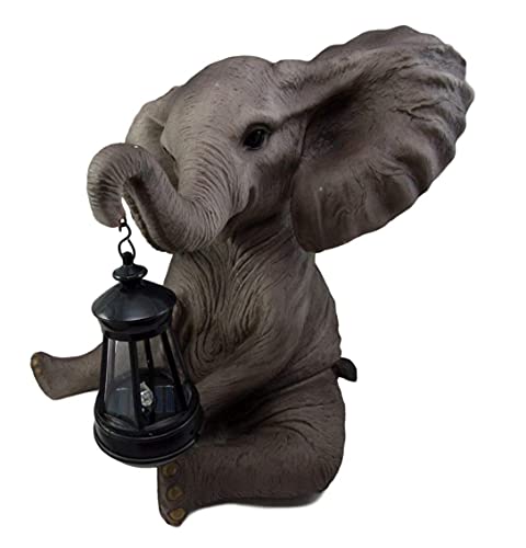 Ebros Safari Savanna Wildlife Animal Melee Adorable Pachy Elephant Statue Home Patio Decor Figurine with Solar LED Light Lantern Lamp 13.75"H Guest Greeter Elephants Path Lighter Sculpture