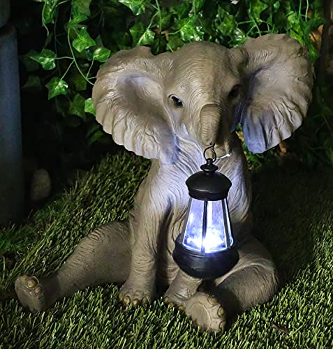 Ebros Safari Savanna Wildlife Animal Melee Adorable Pachy Elephant Statue Home Patio Decor Figurine with Solar LED Light Lantern Lamp 13.75"H Guest Greeter Elephants Path Lighter Sculpture