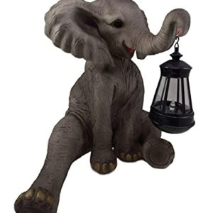 Ebros Safari Savanna Wildlife Animal Melee Adorable Pachy Elephant Statue Home Patio Decor Figurine with Solar LED Light Lantern Lamp 13.75"H Guest Greeter Elephants Path Lighter Sculpture