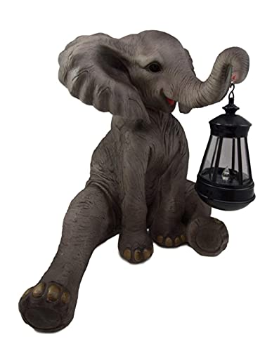 Ebros Safari Savanna Wildlife Animal Melee Adorable Pachy Elephant Statue Home Patio Decor Figurine with Solar LED Light Lantern Lamp 13.75"H Guest Greeter Elephants Path Lighter Sculpture