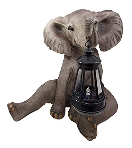 Ebros Safari Savanna Wildlife Animal Melee Adorable Pachy Elephant Statue Home Patio Decor Figurine with Solar LED Light Lantern Lamp 13.75"H Guest Greeter Elephants Path Lighter Sculpture