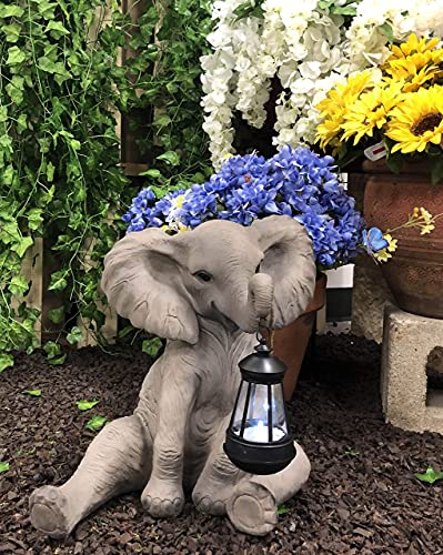 Ebros Safari Savanna Wildlife Animal Melee Adorable Pachy Elephant Statue Home Patio Decor Figurine with Solar LED Light Lantern Lamp 13.75"H Guest Greeter Elephants Path Lighter Sculpture