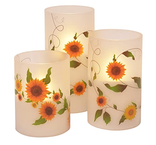 Sunflower Garden Flameless LED Glass Pillar Candles, Set of 3, 6 Inch