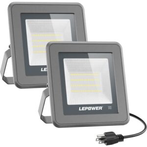 lepower 50w led flood light, 5000lm work light with plug, equiv 250w halogen, 6000k white light, ip66 waterproof outdoor floodlight for garage, garden, lawn, basketball court, playground 2 pack