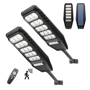 300w solar street light, 2 light set motion sensor dusk to dawn 15000lm solar lights outdoor with remote control, ip65 waterproof flood security light for yard, driveway, garden, parking lot, garage