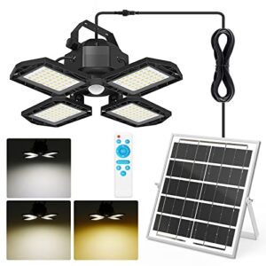 niorsun solar outdoor lights solar lights indoor motion sensor pendant light 3 colors 4-leaf 4 modes with remote, 16.4ft wire waterproof security lamp for garage shed home barn shop gazebo(1 pack)