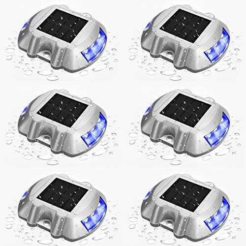 JIGUOOR Solar Deck Lights LED Driveway Lights Solar Powered Dock Light Outdoor IP68 Waterproof Road Markers for Step Sidewalk Stair Boat Garden Ground Pathway Yard (Blue, 6 Pack)