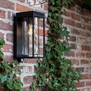 LUTEC Solar Motion Sensor Light Outdoor, Dusk to Dawn Modern Wall Sconce, Aluminum Anti-Rust Solar Wall Lights with Clear Glass Shade, Waterproof for Porch, Patio and Garden-Black