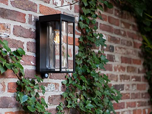 LUTEC Solar Motion Sensor Light Outdoor, Dusk to Dawn Modern Wall Sconce, Aluminum Anti-Rust Solar Wall Lights with Clear Glass Shade, Waterproof for Porch, Patio and Garden-Black