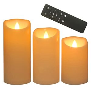 2wdecor waterproof outdoor battery operated flameless candles with remote and timer flickering battery operated led pillars lights for home garden wedding christmas decor 3×5, 6, 7 inches, set of 3