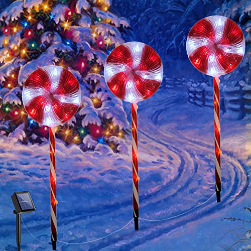 Fcysy Solar Christmas Lights Outdoor Decorations, Red and White Lollipop Outside Solar Powered Xmas Pathway Lights, Waterproof Christmas Yard Walkway Stake Lights for Holiday Lawn Garden Patio Décor