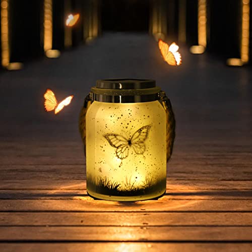 GOODME 2 Pack Solar Lantern Butterfly Mason Jar White Frosted Glass Hanging Jar Solar Outdoor Lights Butterfly Decorations Gift for Patio, Yard, Garden, Path (Butterfly)