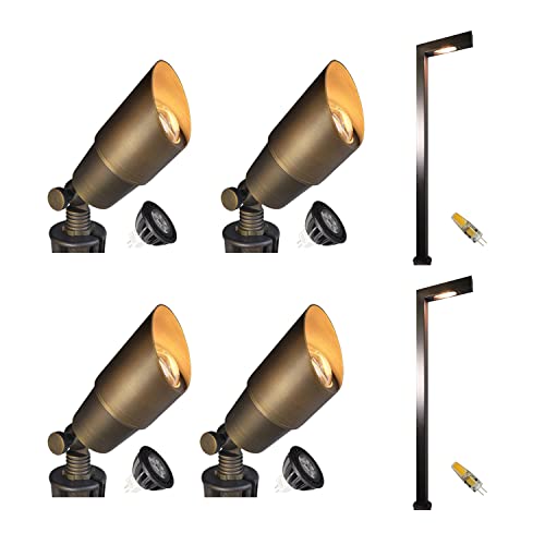 COLOER Die-cast Brass 12V LED Low Voltage Landscape Lighting Kit, IP65 Waterproof Outdoor Lights for Yard, Spot Light and Garden Path Lights Outside (4 Sootlight(101B)+2 Pathlight(603B) with Bulb)