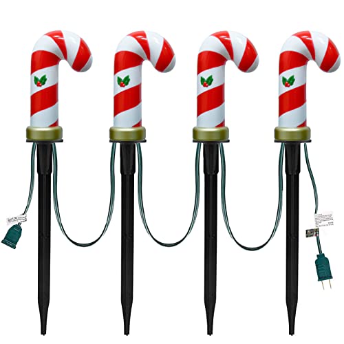 7FT Christmas Pathway Markers Lights, Set of 4 Christmas Candy Cane Pathway Lights with 4 C7 Lights, Outdoor Lawn Lights Landscape Driveway Lights for Holiday Outside Yard Garden Xmas Walkway Decor