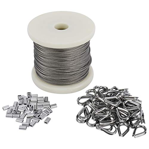 DasMarine Wire Rope Kit with 1/16inch X 328FT Length 7x7 Strand Core Stainless Steel Wire Cable,50pcs Stainless Steel Thimble and 50pcs Aluminum Crimping Sleeves for Indoor and Outdoor,Patio,Garden