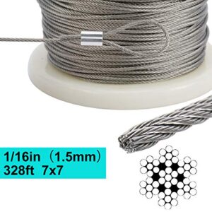 DasMarine Wire Rope Kit with 1/16inch X 328FT Length 7x7 Strand Core Stainless Steel Wire Cable,50pcs Stainless Steel Thimble and 50pcs Aluminum Crimping Sleeves for Indoor and Outdoor,Patio,Garden