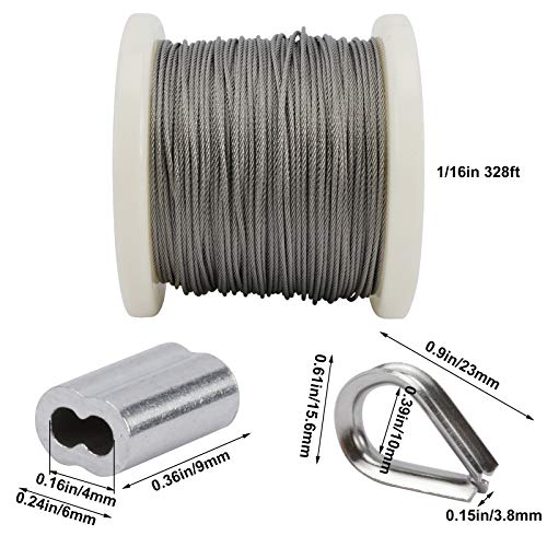 DasMarine Wire Rope Kit with 1/16inch X 328FT Length 7x7 Strand Core Stainless Steel Wire Cable,50pcs Stainless Steel Thimble and 50pcs Aluminum Crimping Sleeves for Indoor and Outdoor,Patio,Garden