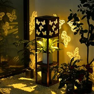 gcmacau solar garden lights, butterfly hollow out projection 2 tier flower stand solar lantern decorative, premium metal 3500k led solar landscape lights outdoor waterproof for patio lawn yard