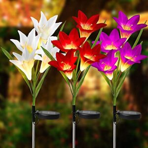 cerflyer (new) solar flower, 3 pack solar garden stake lights, outdoor landscape in-ground lights with 12 lily flowers, 7 colors changing led flower lights for patio, lawn, yard decoration