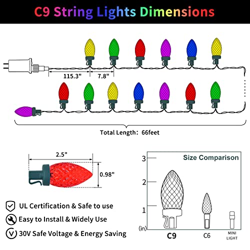 100 LED C9 Christmas Lights 66ft Green Wire Commercial LED Strawberry String Lights Outdoor Indoor C9 Bulbs Xmas Decorative Light Strand for Garden Yard Party Home Wreath Garland Christmas Tree (RGB)