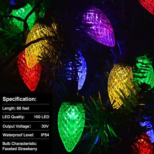 100 LED C9 Christmas Lights 66ft Green Wire Commercial LED Strawberry String Lights Outdoor Indoor C9 Bulbs Xmas Decorative Light Strand for Garden Yard Party Home Wreath Garland Christmas Tree (RGB)