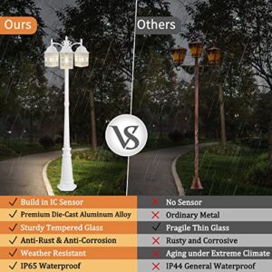 3-Head Lamp Post Outdoor Lighting, Dusk to Dawn Sensor Post Lights for House, Street Light with Water Ripple Glass Shade, E26 Base White Light Fixtures, Lantern Lamp for Driveway, Backyard, Garden