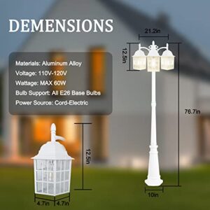 3-Head Lamp Post Outdoor Lighting, Dusk to Dawn Sensor Post Lights for House, Street Light with Water Ripple Glass Shade, E26 Base White Light Fixtures, Lantern Lamp for Driveway, Backyard, Garden