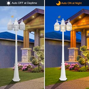 3-Head Lamp Post Outdoor Lighting, Dusk to Dawn Sensor Post Lights for House, Street Light with Water Ripple Glass Shade, E26 Base White Light Fixtures, Lantern Lamp for Driveway, Backyard, Garden