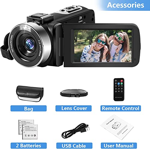 SPRANDOM Camcorder Video Camera 2.7K 42MP with LED Fill Light,18X Digital Zoom Camera Recorder 3.0" LCD Screen Vlogging Camera for YouTube with Remote Controller,2 Batteries