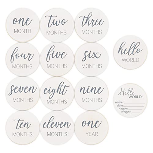 Natural Baby Milestone Discs - White Stain Wood Milestone Disc Set with Bag and Hello World Announcement Card - 13 Wooden Milestones Cards, Newborn Monthly First Year Picture Props, 1-12 Months