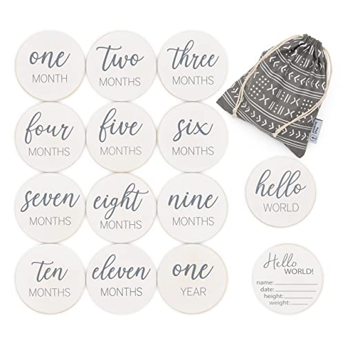 Natural Baby Milestone Discs - White Stain Wood Milestone Disc Set with Bag and Hello World Announcement Card - 13 Wooden Milestones Cards, Newborn Monthly First Year Picture Props, 1-12 Months